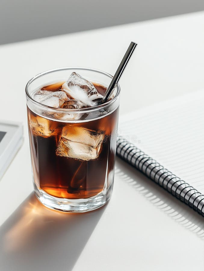 Glass of Cold Brew with Ice on a White Desk. Ideal for Work and Study ...