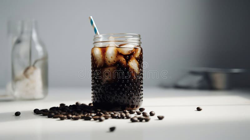 Glass of Cold Brew with Straw and Coffee Beans on Color Table Against ...