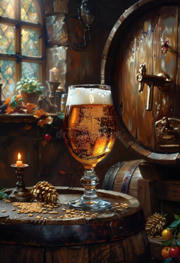 Glass of Cold Light Beer on the Wooden Barrel in the Cellar. Stock ...