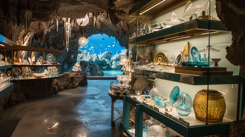 A Glass Collection Gallery in a Cave by the Ocean Stock Illustration ...