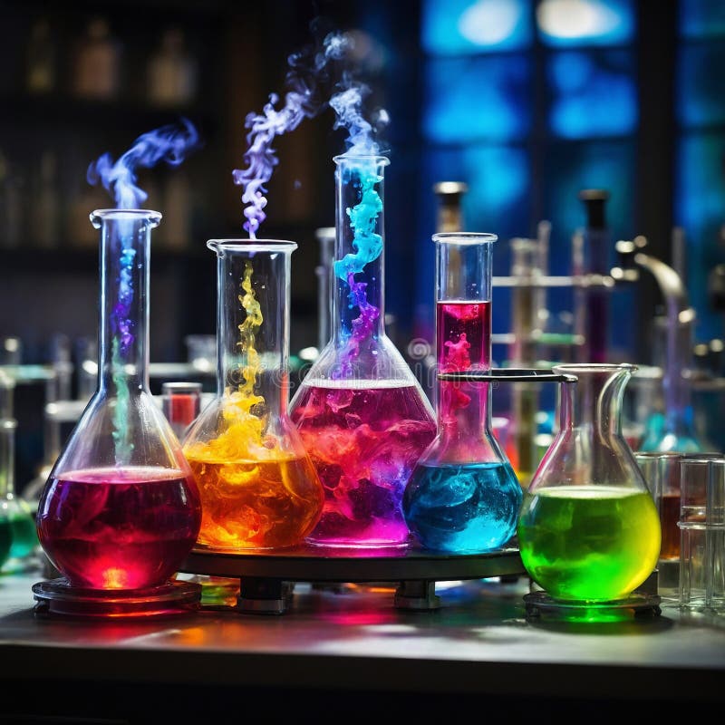 Glass Colored Flasks on the Table in the Laboratory Stock Illustration ...