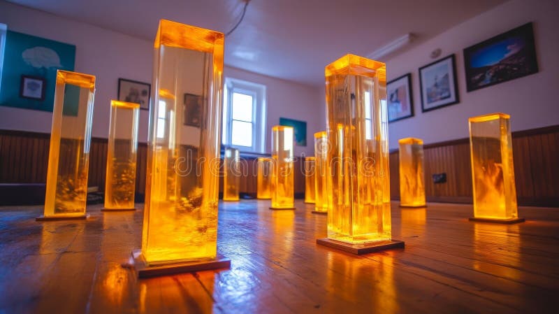 Glass Columns Illuminated in a Wooden Gallery Setting Stock Image ...