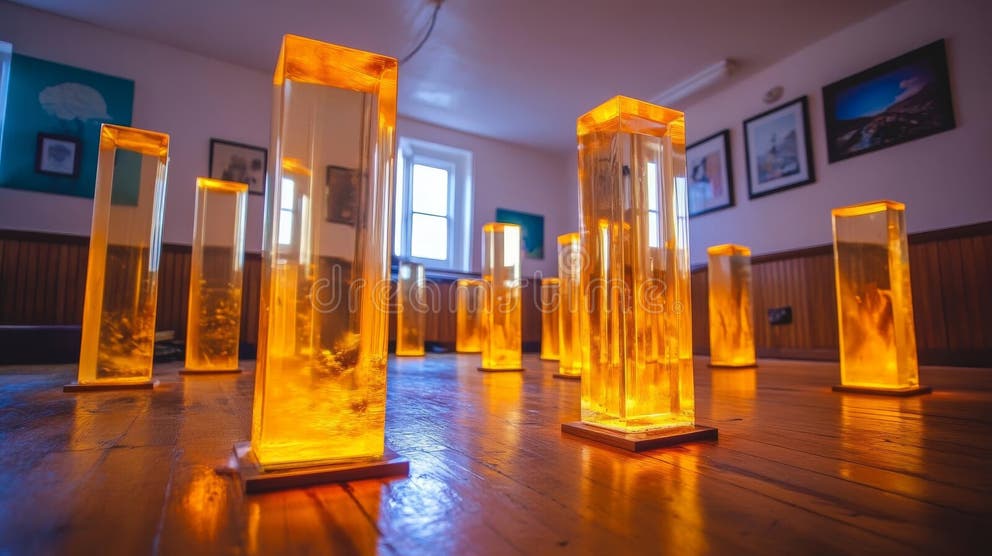 Glass Columns Illuminated in a Wooden Gallery Setting Stock Image ...