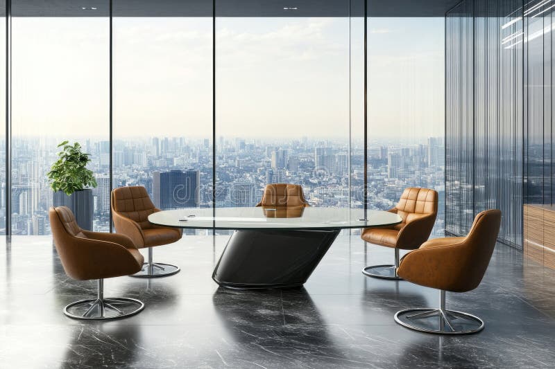 Glass Conference Table in Modern Office with City View Stock Photo ...