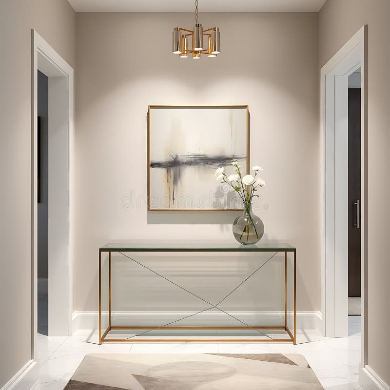 Glass Console Table in a Modern Hallway with Contemporary Art Pieces on ...