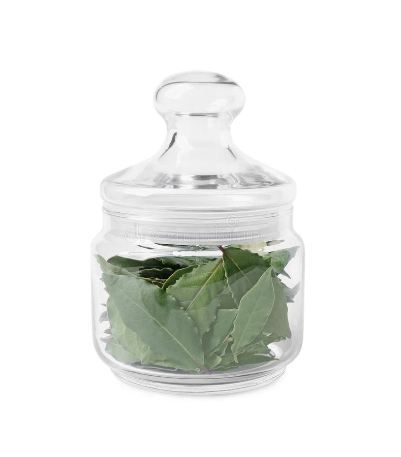 Glass Container with Bay Leaves on White Background Stock Photo - Image ...