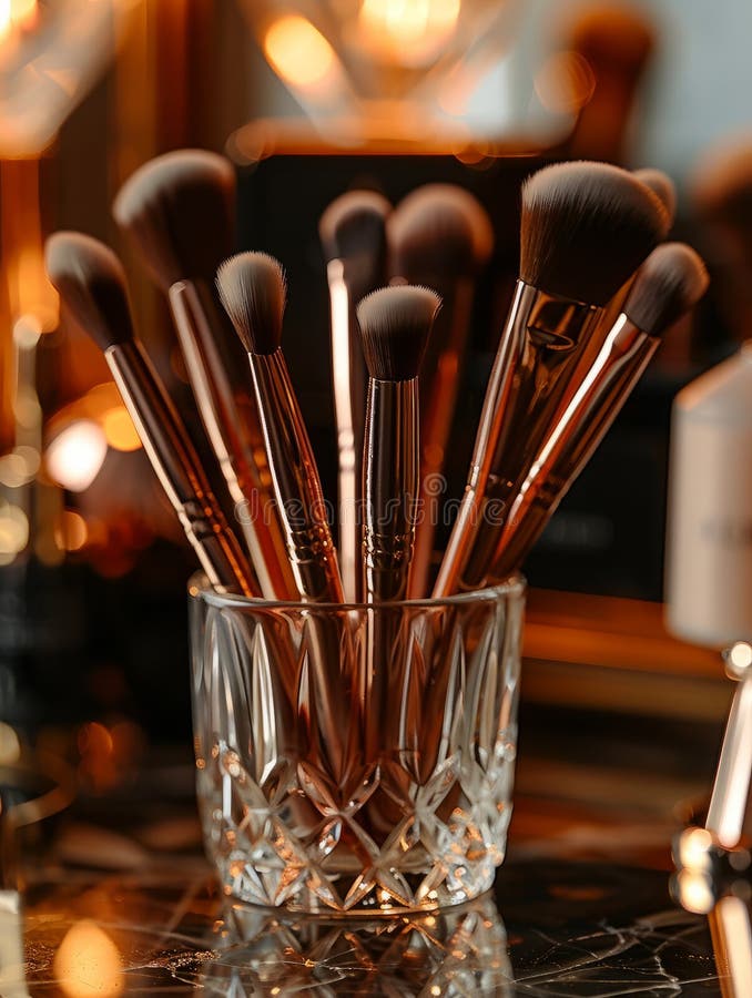 A Glass Container Filled with Makeup Brushes on a Reflective Surface ...