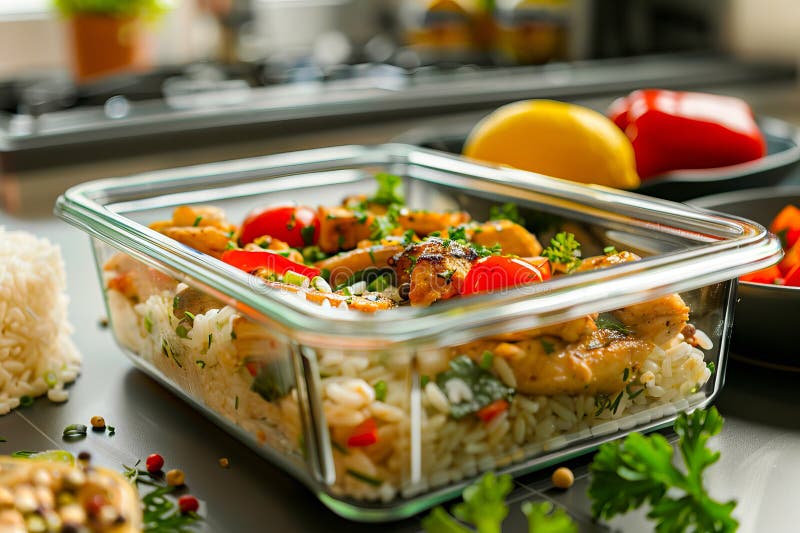 A Glass Container Filled with Rice and Vegetables Stock Photo - Image ...