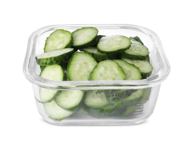 Glass Container with Fresh Cut Cucumbers Isolated on White Stock Image ...