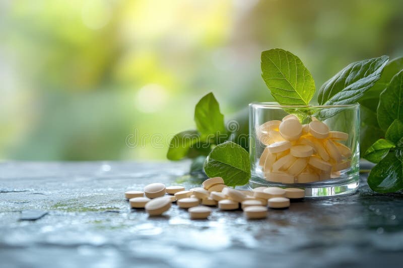 Natural Herbal Supplements with Mint Leaves in a Glass Container on a ...