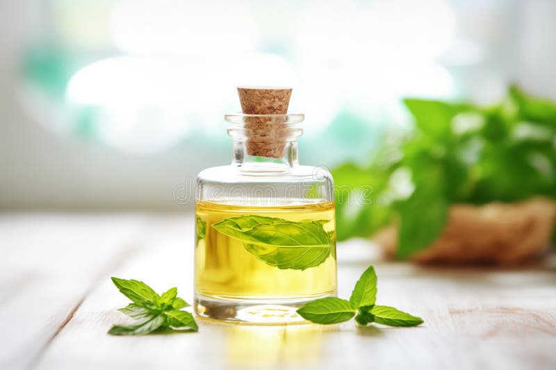 Glass Container of Peppermint Oil with Fresh Mint Leaves Stock Photo ...