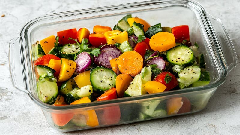 A Glass Container with a Rainbow Vegetable Salad on a Light Countertop ...