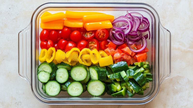 A Glass Container with a Rainbow Vegetable Salad on a Light Countertop ...