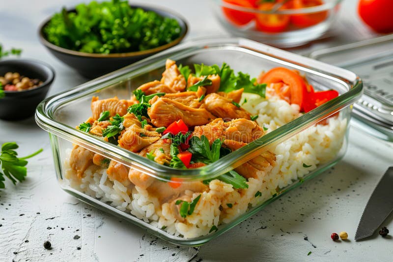 A Glass Container with Rice and Chicken in it Stock Photo - Image of ...