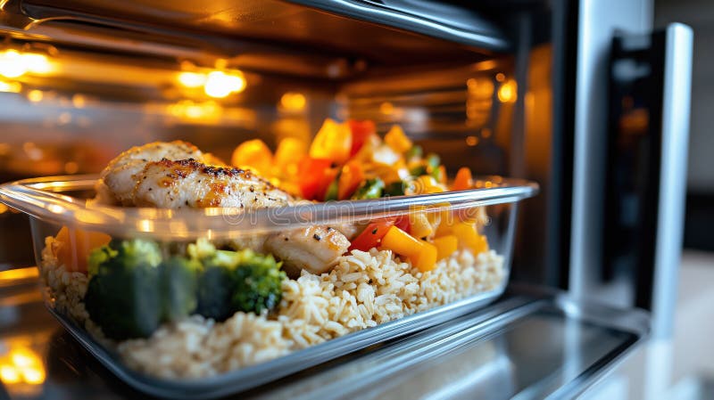 Glass Container with Rice, Chicken, and Vegetables Being Heated in Oven ...