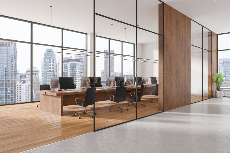 Glass Coworking Interior with Pc Desktops on Table, Panoramic Window ...