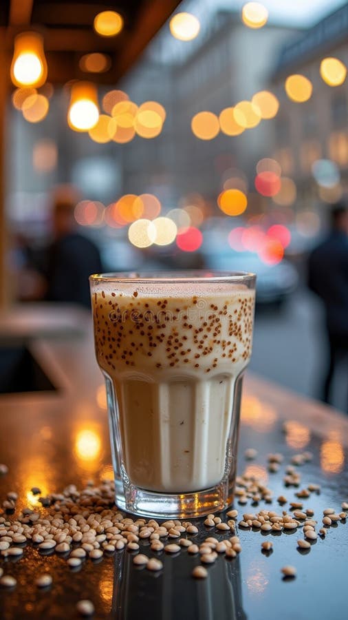 Glass of Creamy Bubble Tea with Bokeh City Lights in Background Stock ...
