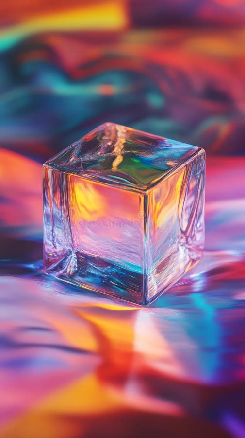 Glass Cube on Colorful Abstract Background, Vibrant Light Reflections ...