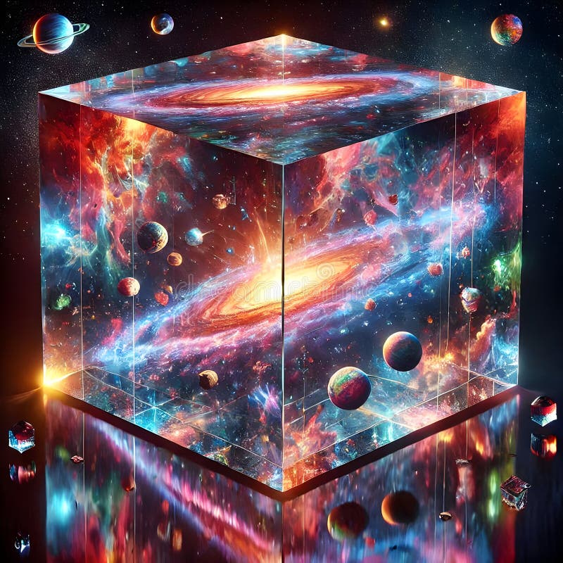 Glass Cube Containing Colorful Nebula and Planets Reflecting on Surface ...