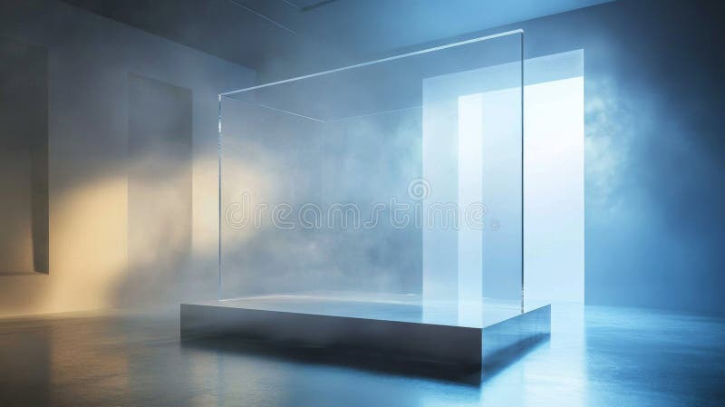Glass Cube Display Case in Modern Room Setting Stock Illustration ...