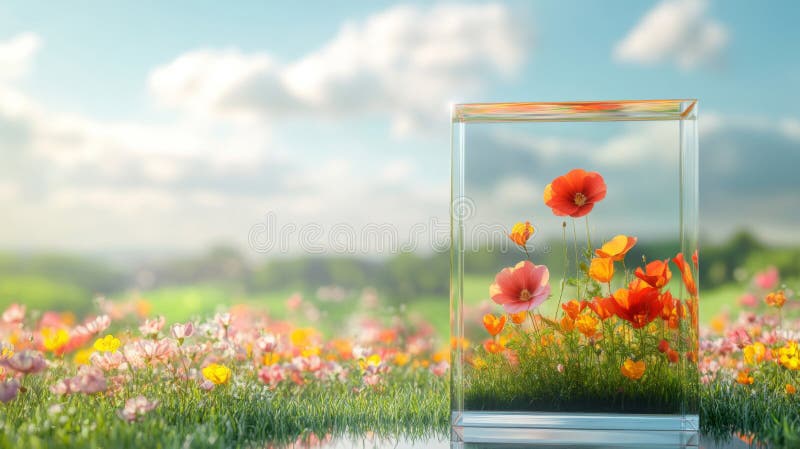 Glass Cube Encasing Spring Flowers in Field Stock Illustration ...