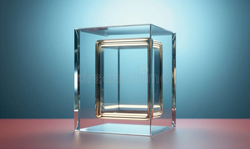 A Glass Cube with a Glowing Inner Frame Sits on a Pink Surface Against ...