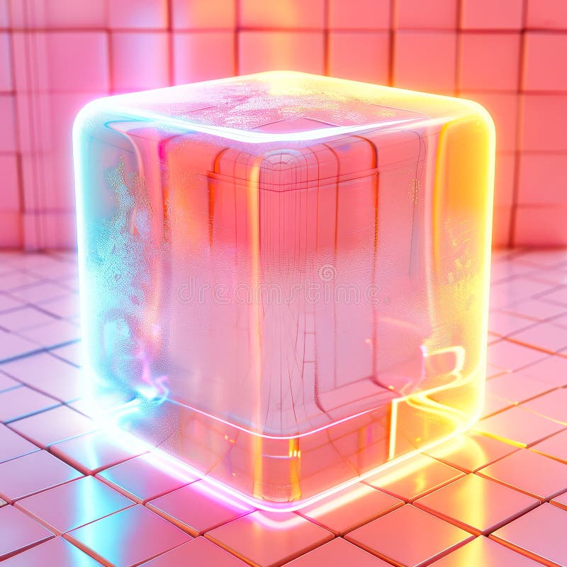 Glass Cube with Neon Lights on Pink Tiles Stock Image - Image of ...