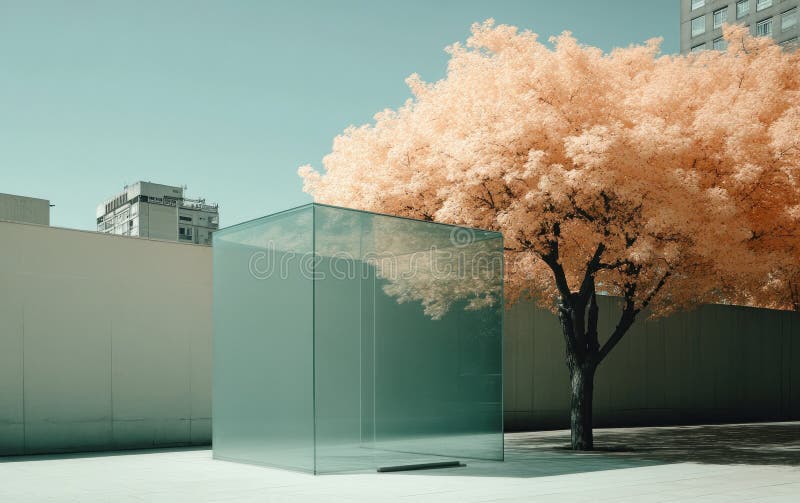 Glass Cube and Pale Orange Tree in Minimalist Stock Illustration ...
