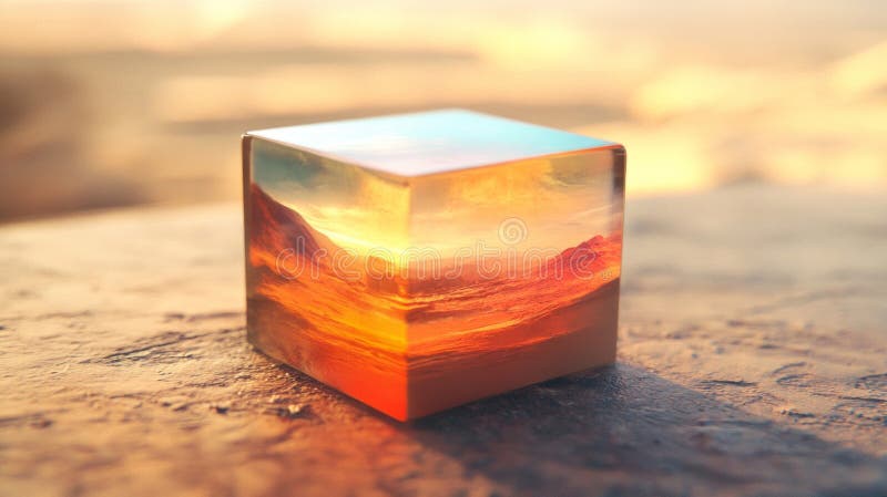 Glass Cube Reflecting Desert Sunset Landscape Stock Illustration ...