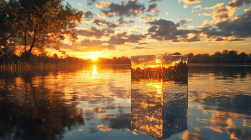 Glass Cube Reflecting Sunset on Calm Lake Stock Illustration ...