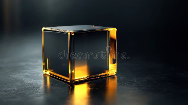 Glass Cube Sculpture Illuminated by Warm Light in Dark Environment ...