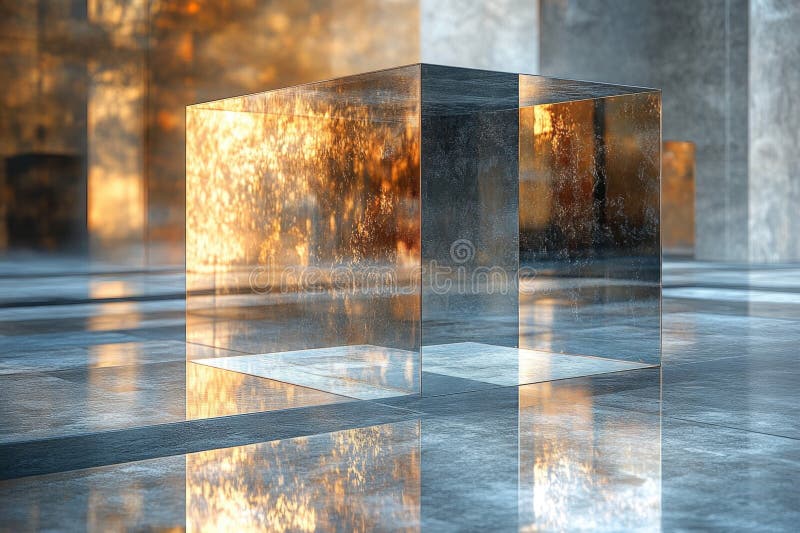 A Glass Cube Sits Atop a White Marble Floor, Creating a Sleek and ...