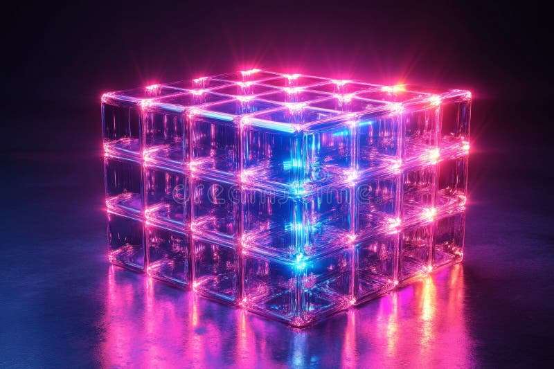 Glass Cube Structure Emitting Vibrant Neon Lights, Creating a ...