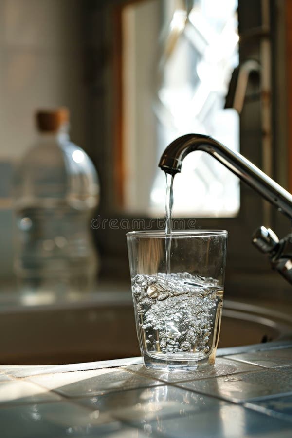 A Glass Cup Being Filled with Clean Water from a Tap in the Kitchen ...