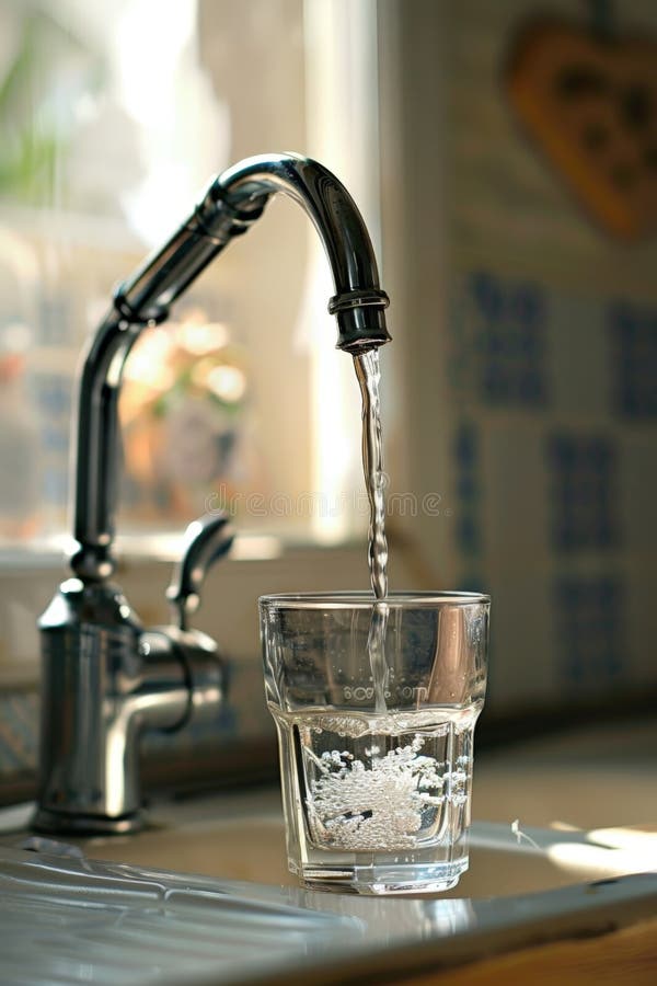 A Glass Cup Being Filled with Clean Water from a Tap in the Kitchen ...
