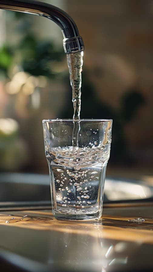 A Glass Cup Being Filled with Clean Water from a Tap in the Kitchen ...