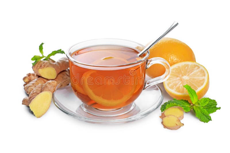 Glass Cup with Delicious Ginger Tea, Lemon and Mint on White Background ...