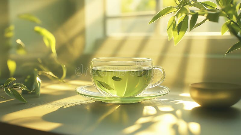 Glass Cup of Green Tea on Table Stock Illustration - Illustration of ...
