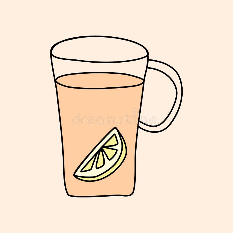 Glass Cup with Tea and Lemon Slice, Doodle Style Flat Vector Outline ...