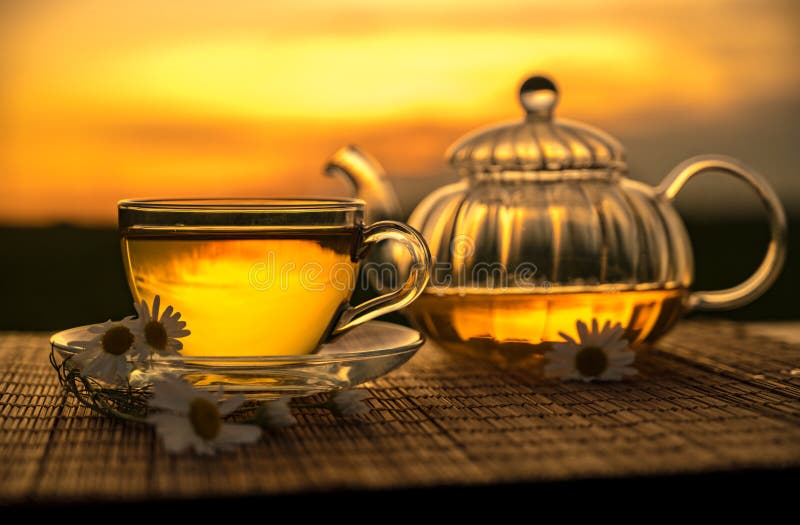 Glass Cup and Teapot Sunset Background Stock Photo - Image of breakfast ...
