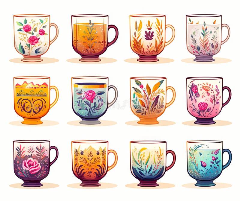 Glass Cups with Different Types of Tea Pattern Banner Wallpaper Stock ...