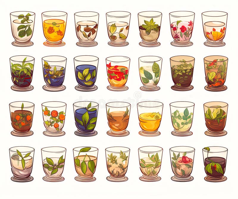 Glass Cups with Different Types of Tea Pattern Banner Wallpaper Stock ...