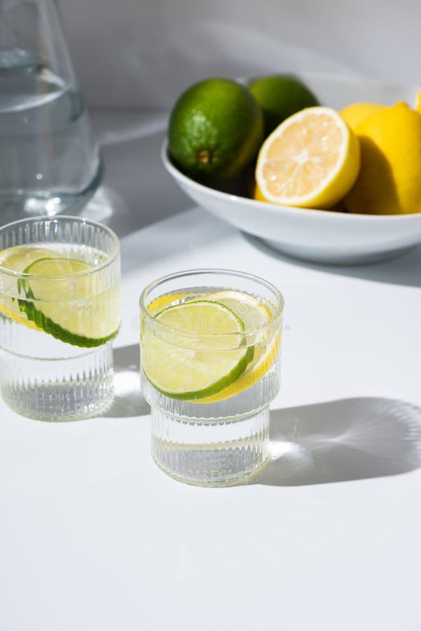 Glass Cups and a Jug of Clean, Clear Drinking Lemon and Lime Water on a ...