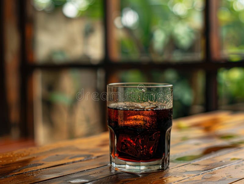 Glass of Dark Cola Drink on Wooden Table Stock Illustration ...