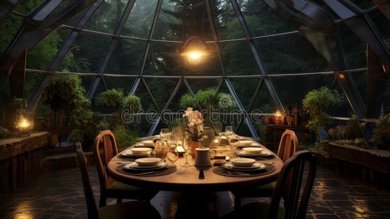Glass Dining Pod Set in a Forest Environment Stock Illustration ...