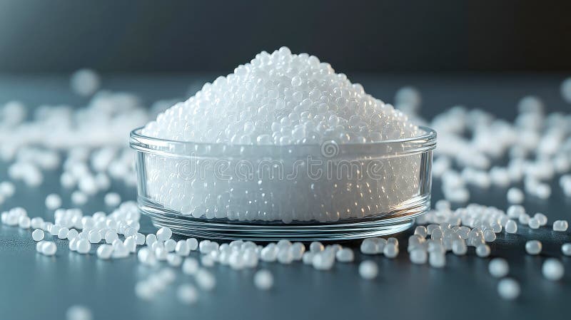 A Glass Dish Filled with White Plastic Resin Pellets, Scattered Around ...
