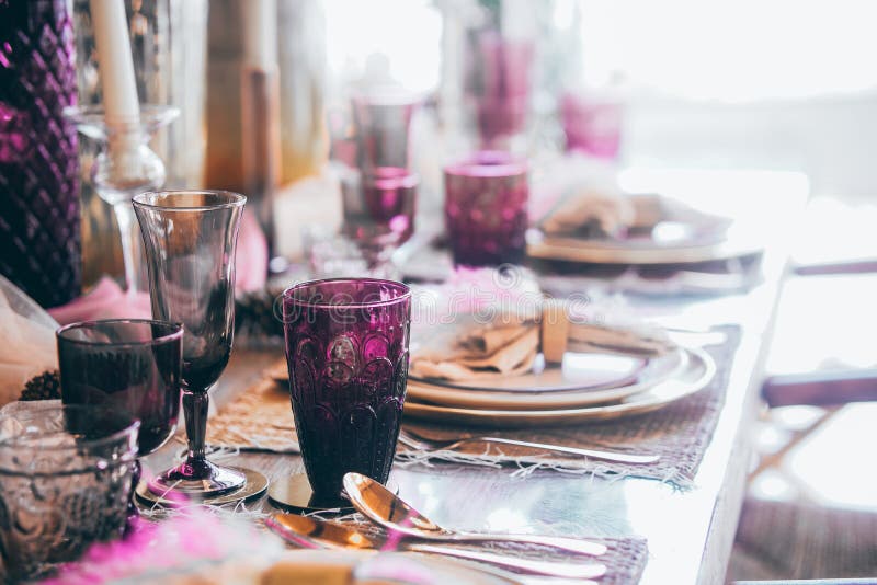 Glass Dishware on Dining Table. Party Banquet Stock Image - Image of ...