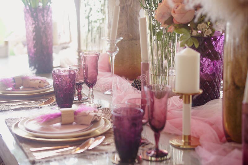 Glass Dishware on Dining Table. Party Banquet Stock Photo - Image of ...