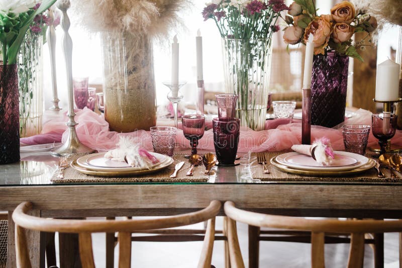 Glass Dishware on Dining Table. Party Banquet Stock Photo - Image of ...