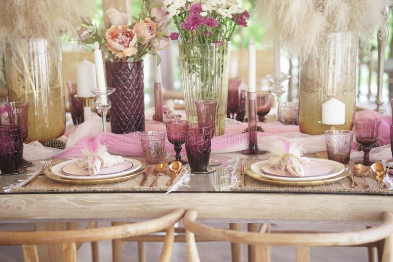 Glass Dishware on Dining Table. Party Banquet Stock Photo - Image of ...